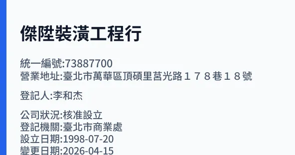 傑陞裝潢工程行的照片-統編 73887700(臺北市) 公司登記資料與營業項目詳細圖表