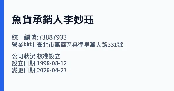 魚貨承銷人李妙珏的照片-統編 73887933(臺北市) 公司登記資料與營業項目詳細圖表