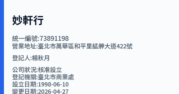 妙軒行的照片-統編 73891198(臺北市) 公司登記資料與營業項目詳細圖表