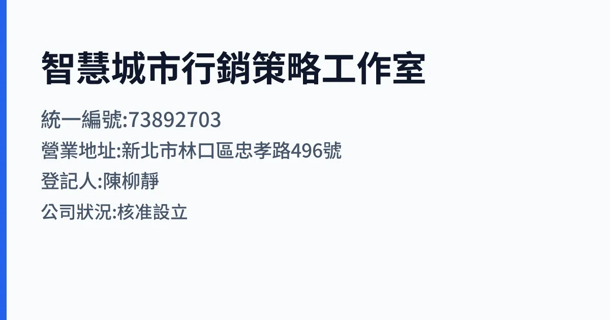 智慧城市行銷策略工作室 - 統編 73892703(臺北市) 公司登記資料與營業項目詳細圖表