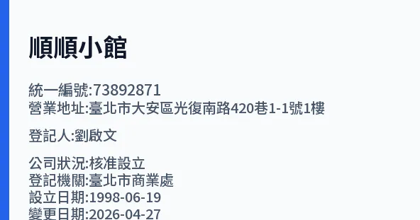 順順小館的照片-統編 73892871(臺北市) 公司登記資料與營業項目詳細圖表