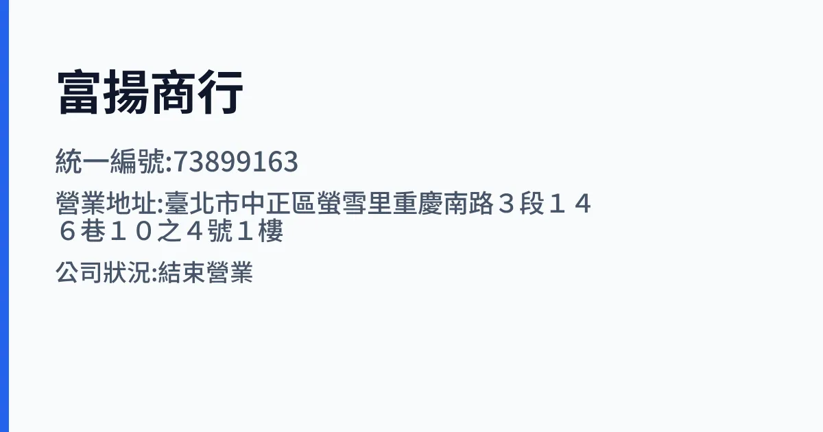 富揚商行 - 統編 73899163(臺北市) 公司登記資料與營業項目詳細圖表
