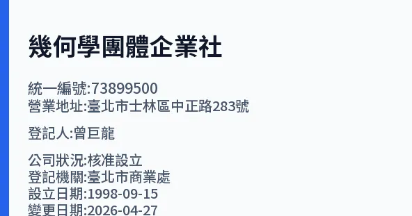 幾何學團體企業社的照片-統編 73899500(臺北市) 公司登記資料與營業項目詳細圖表