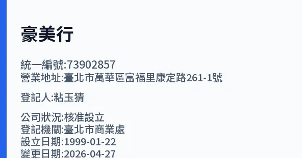 豪美行的照片-統編 73902857(臺北市) 公司登記資料與營業項目詳細圖表