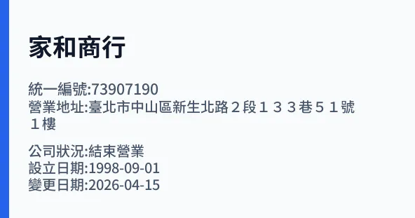家和商行的照片-統編 73907190(臺北市) 公司登記資料與營業項目詳細圖表