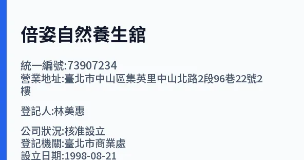 倍姿自然養生舘的照片-統編 73907234(臺北市) 公司登記資料與營業項目詳細圖表