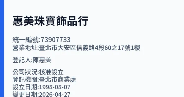 惠美珠寶飾品行的照片-統編 73907733(臺北市) 公司登記資料與營業項目詳細圖表