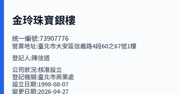 金玲珠寶銀樓的照片-統編 73907776(臺北市) 公司登記資料與營業項目詳細圖表