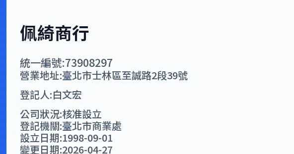 佩綺商行的照片-統編 73908297(臺北市) 公司登記資料與營業項目詳細圖表