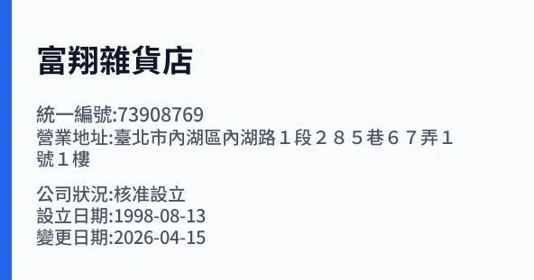富翔雜貨店的照片-統編 73908769(臺北市) 公司登記資料與營業項目詳細圖表