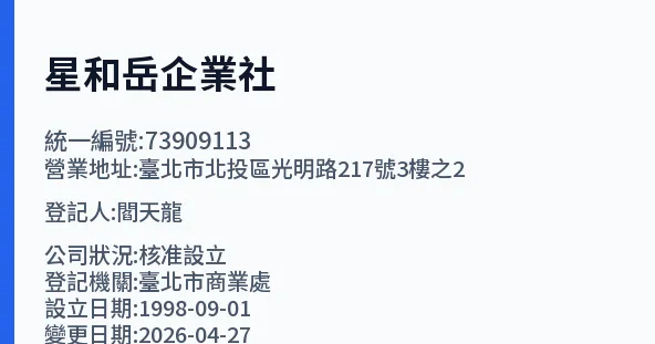 星和岳企業社的照片-統編 73909113(臺北市) 公司登記資料與營業項目詳細圖表