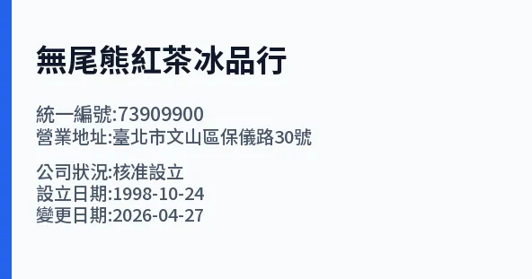 無尾熊紅茶冰品行的照片-統編 73909900(臺北市) 公司登記資料與營業項目詳細圖表
