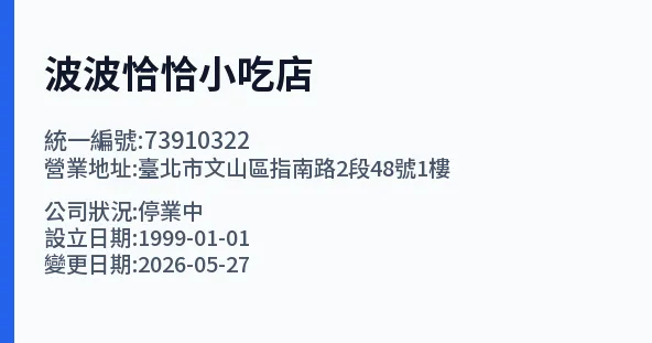 波波恰恰小吃店的照片-統編 73910322(臺北市) 公司登記資料與營業項目詳細圖表