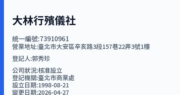 大林行殯儀社的照片-統編 73910961(臺北市) 公司登記資料與營業項目詳細圖表