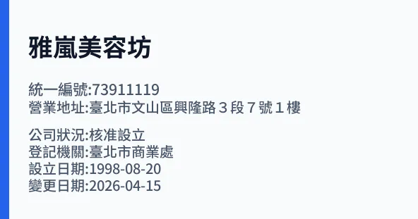 雅嵐美容坊的照片-統編 73911119(臺北市) 公司登記資料與營業項目詳細圖表