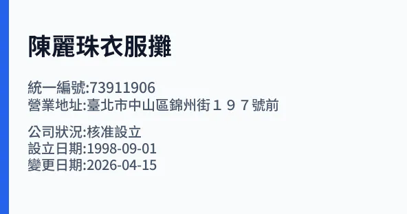 陳麗珠衣服攤的照片-統編 73911906(臺北市) 公司登記資料與營業項目詳細圖表