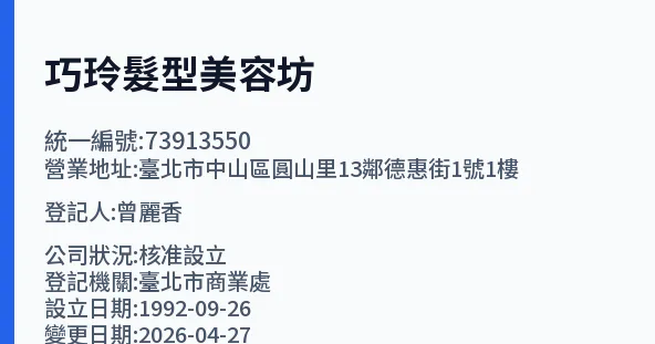 巧玲髮型美容坊的照片-統編 73913550(臺北市) 公司登記資料與營業項目詳細圖表