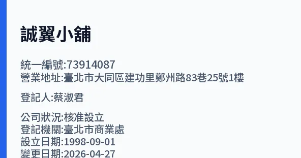 誠翼小舖的照片-統編 73914087(臺北市) 公司登記資料與營業項目詳細圖表