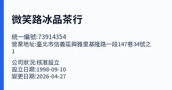 微笑路冰品茶行的照片-統編 73914354(臺北市) 公司登記資料與營業項目詳細圖表