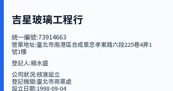 吉星玻璃工程行的照片-統編 73914663(臺北市) 公司登記資料與營業項目詳細圖表
