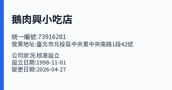 鵝肉興小吃店的照片-統編 73916281(臺北市) 公司登記資料與營業項目詳細圖表