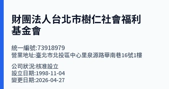 財團法人台北市樹仁社會福利基金會的照片-統編 73918979(臺北市) 公司登記資料與營業項目詳細圖表