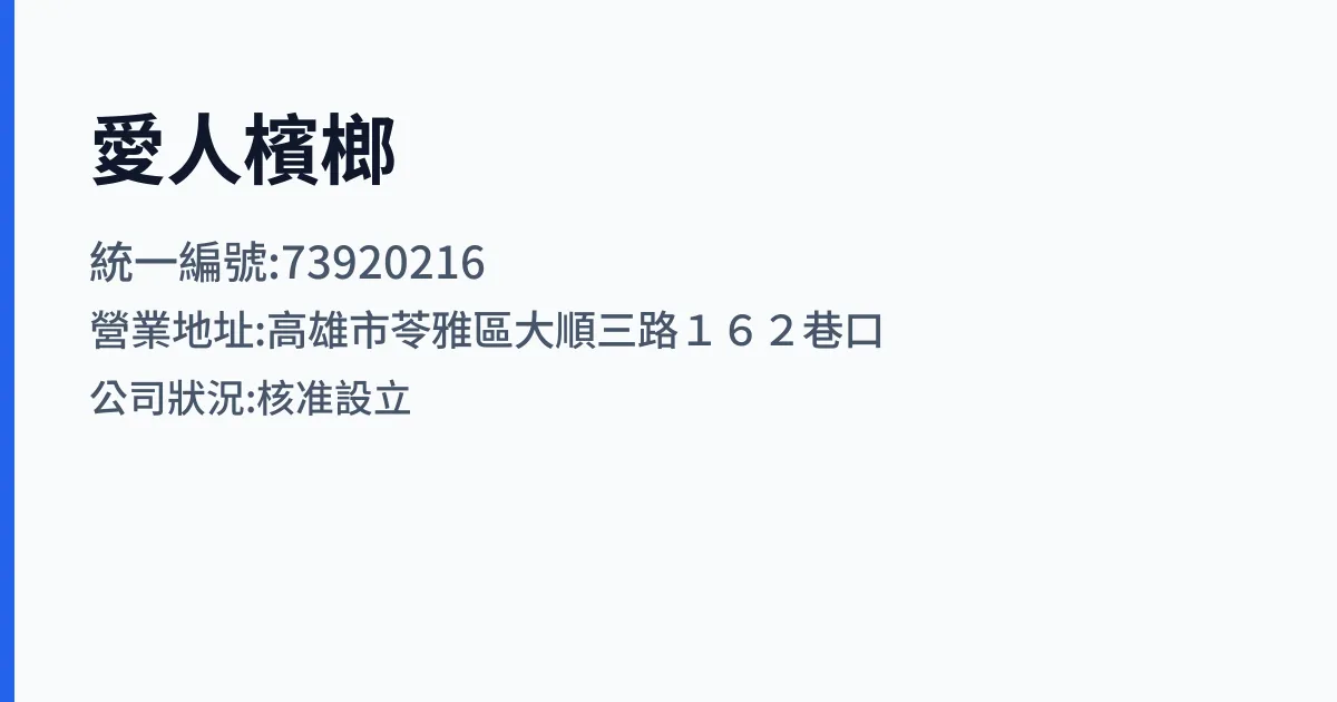 愛人檳榔 - 統編 73920216(高雄市) 公司登記資料與營業項目詳細圖表