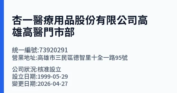 杏一醫療用品股份有限公司高雄高醫門市部的照片-統編 73920291(高雄市) 公司登記資料與營業項目詳細圖表