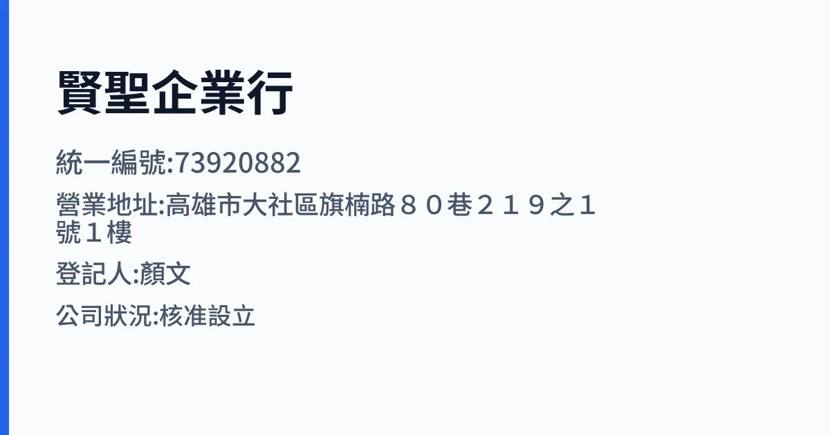 賢聖企業行 - 統編 73920882(高雄市) 公司登記資料與營業項目詳細圖表