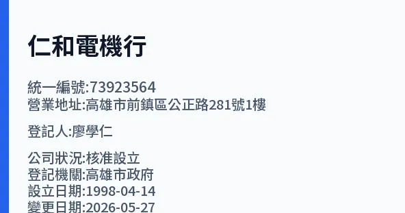 仁和電機行的照片-統編 73923564(高雄市) 公司登記資料與營業項目詳細圖表
