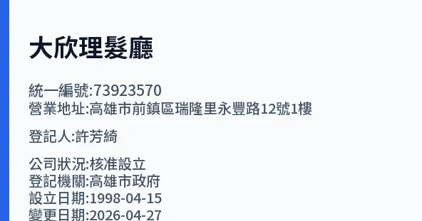 大欣理髮廳的照片-統編 73923570(高雄市) 公司登記資料與營業項目詳細圖表