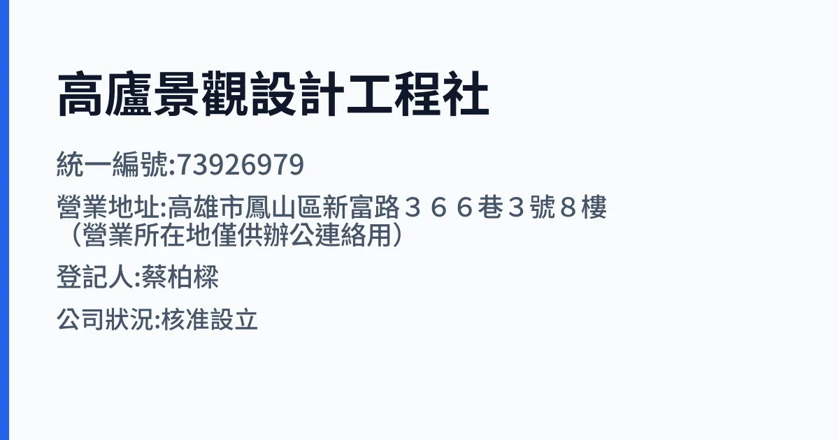 高廬景觀設計工程社 - 統編 73926979(高雄市) 公司登記資料與營業項目詳細圖表