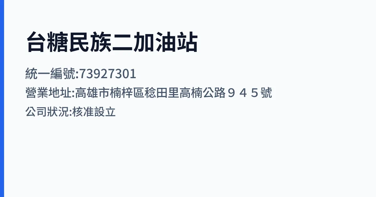 台糖民族二加油站 - 統編 73927301(高雄市) 公司登記資料與營業項目詳細圖表