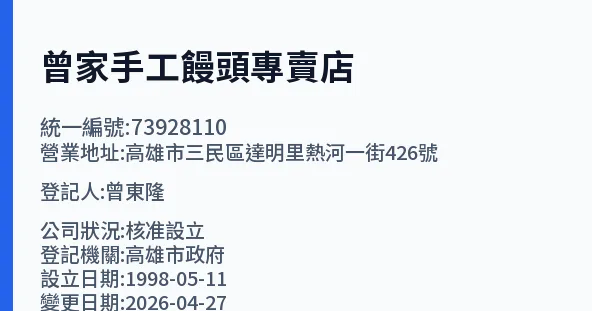 曾家手工饅頭專賣店的照片-統編 73928110(高雄市) 公司登記資料與營業項目詳細圖表