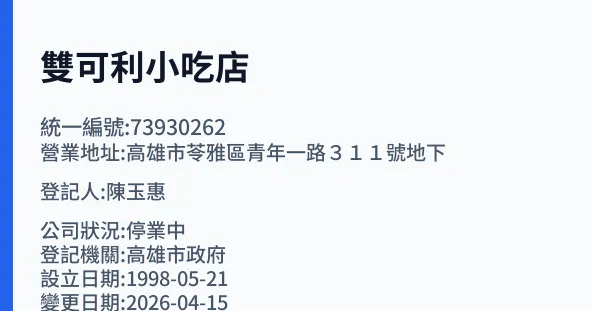 雙可利小吃店的照片-統編 73930262(高雄市) 公司登記資料與營業項目詳細圖表