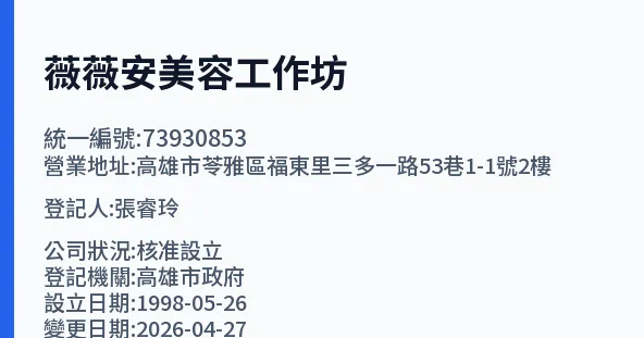 薇薇安美容工作坊的照片-統編 73930853(高雄市) 公司登記資料與營業項目詳細圖表