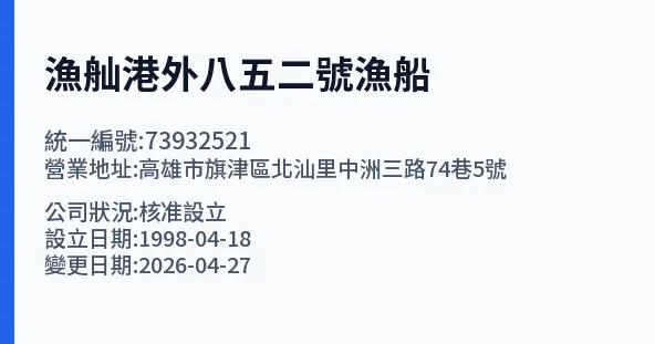 漁舢港外八五二號漁船的照片-統編 73932521(高雄市) 公司登記資料與營業項目詳細圖表