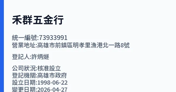 禾群五金行的照片-統編 73933991(高雄市) 公司登記資料與營業項目詳細圖表