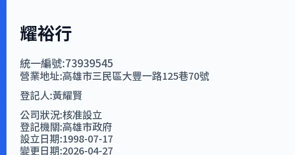 耀裕行的照片-統編 73939545(高雄市) 公司登記資料與營業項目詳細圖表