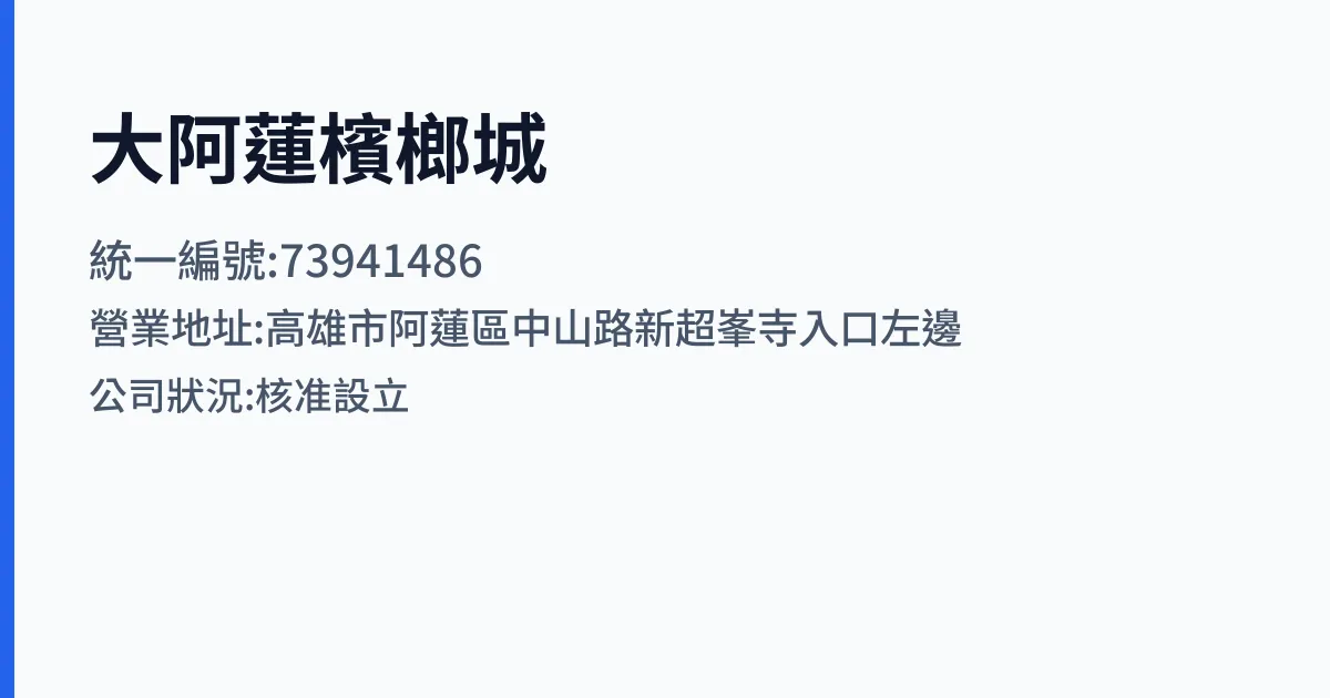 大阿蓮檳榔城 - 統編 73941486(高雄市) 公司登記資料與營業項目詳細圖表