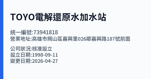 TOYO電解還原水加水站的照片-統編 73941818(高雄市) 公司登記資料與營業項目詳細圖表