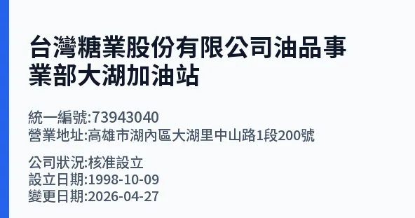 台灣糖業股份有限公司油品事業部大湖加油站的照片-統編 73943040(高雄市) 公司登記資料與營業項目詳細圖表
