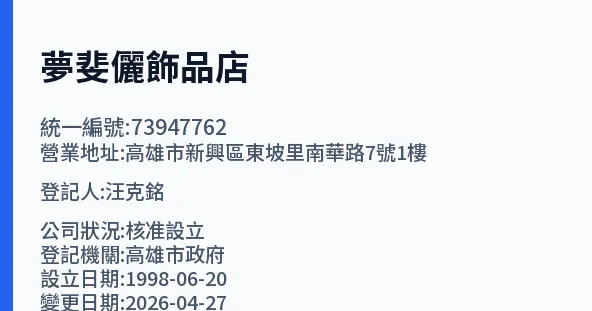 夢斐儷飾品店的照片-統編 73947762(高雄市) 公司登記資料與營業項目詳細圖表