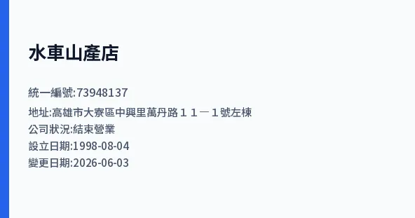 水車山產店的照片-統編 73948137(高雄市) 公司登記資料與營業項目詳細圖表
