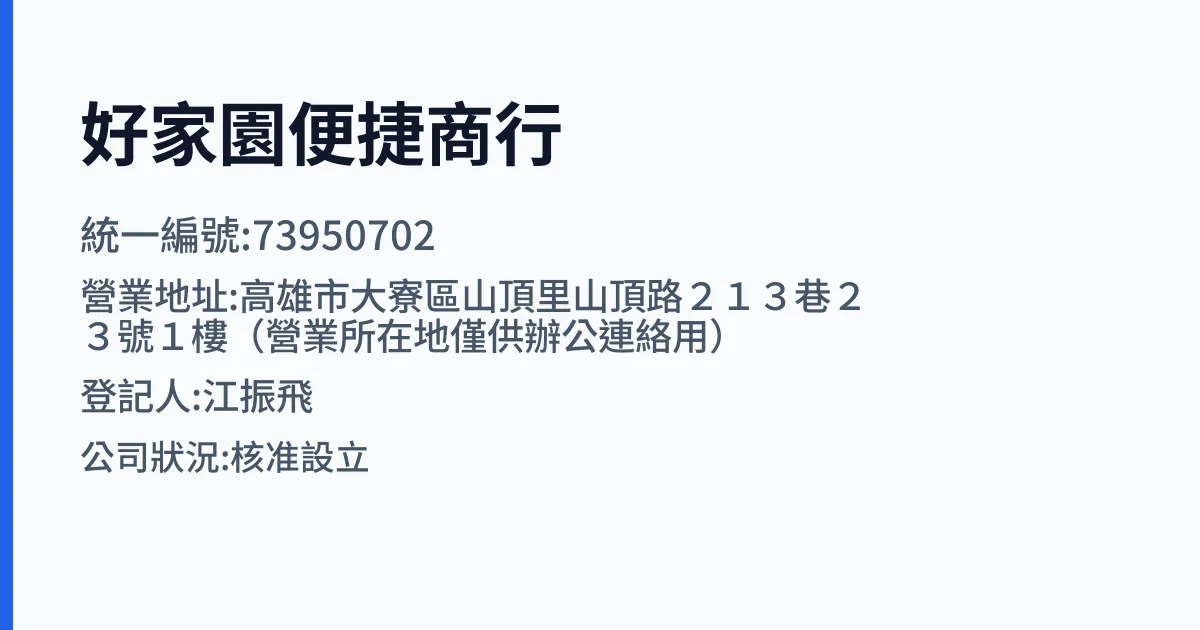 好家園便捷商行 - 統編 73950702(高雄市) 公司登記資料與營業項目詳細圖表