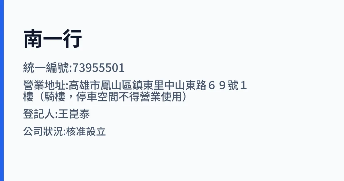 南一行 - 統編 73955501(高雄市) 公司登記資料與營業項目詳細圖表