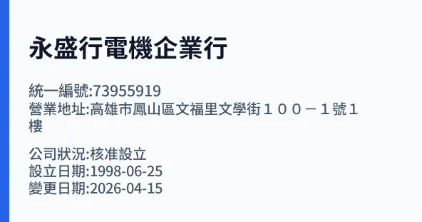 永盛行電機企業行的照片-統編 73955919(高雄市) 公司登記資料與營業項目詳細圖表