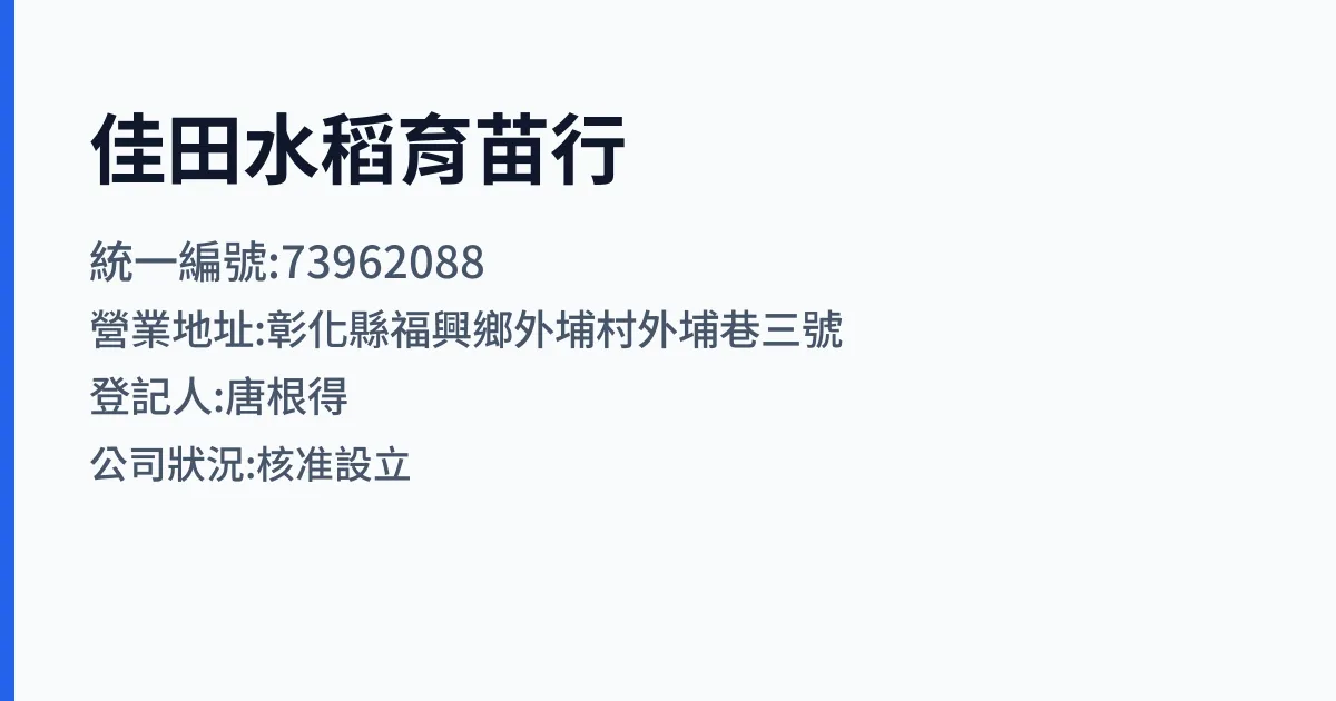 佳田水稻育苗行 - 統編 73962088(彰化縣) 公司登記資料與營業項目詳細圖表