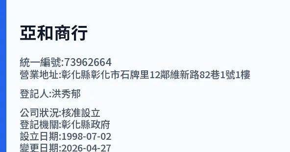 亞和商行的照片-統編 73962664(彰化縣) 公司登記資料與營業項目詳細圖表