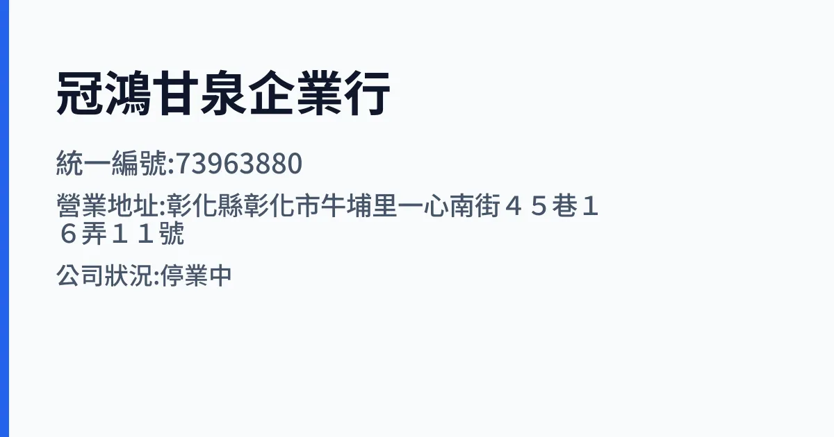 冠鴻甘泉企業行 - 統編 73963880(彰化縣) 公司登記資料與營業項目詳細圖表